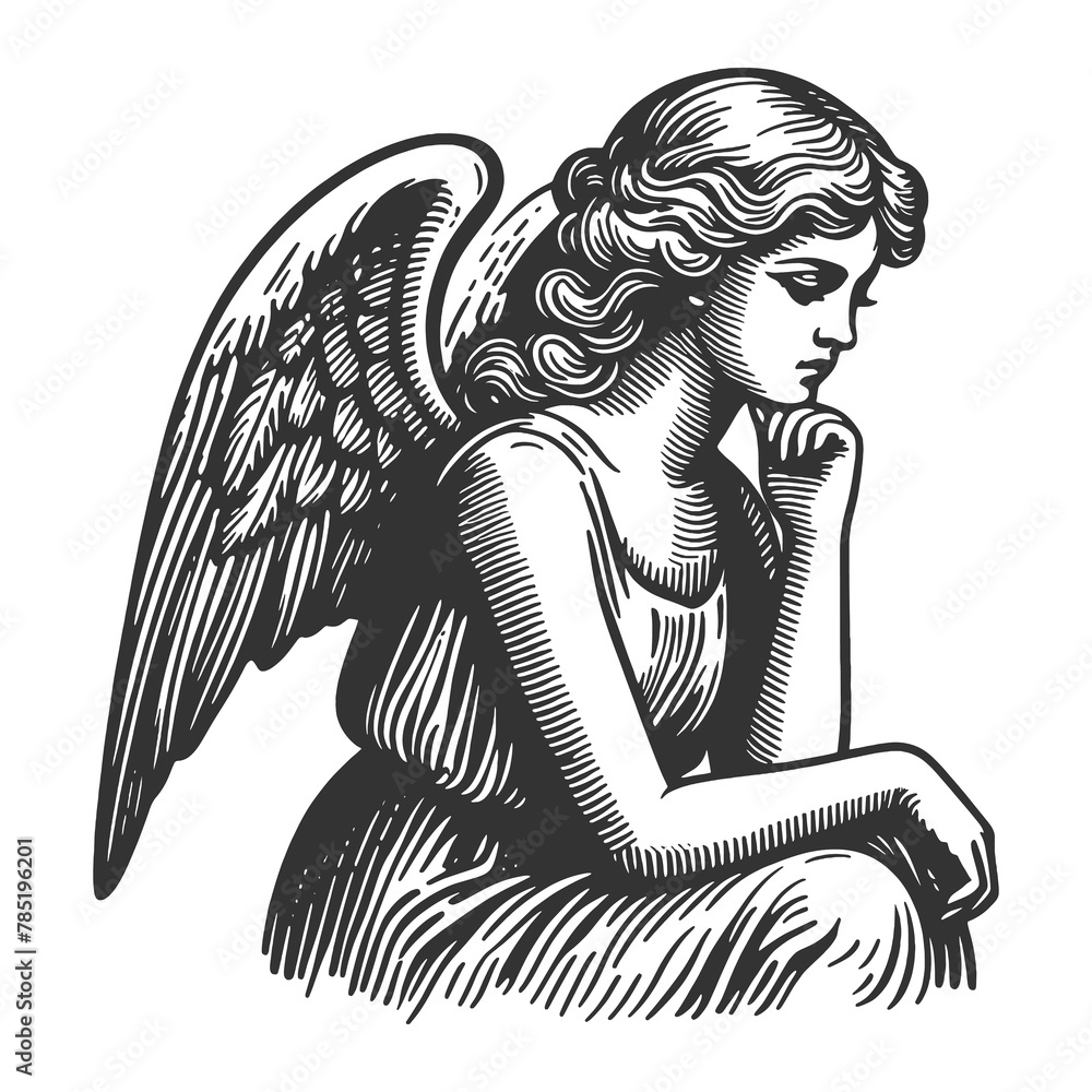 Pensive bored angel sketch engraving generative ai fictional character ...