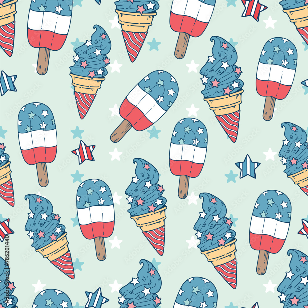 Seamless pattern of patriotic Ice cream cones and ice cream stick. This ...