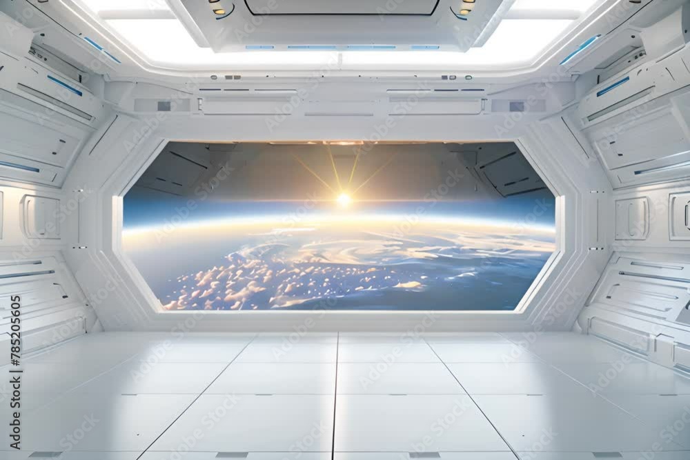 A large window in the white space station with an earth view, the sun ...