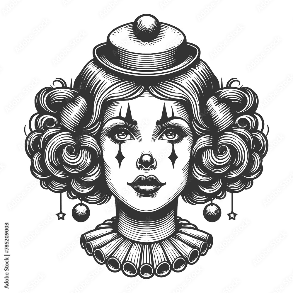 Beautiful female clown with ornate costume details and a melancholic ...