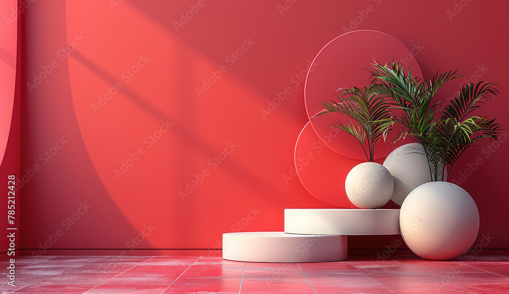 Red background, red circular platform with spheres on the ground ...