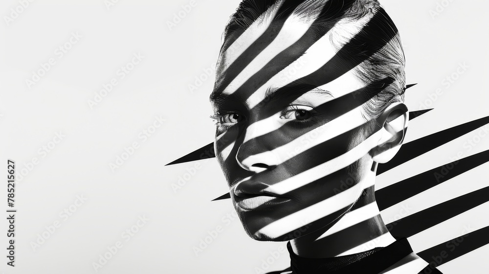 Striking black and white portrait of a woman with optical illusion ...