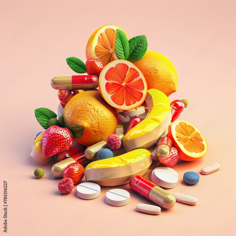 Experience a hyper-realistic portrayal of multivitamins, showcasing ...