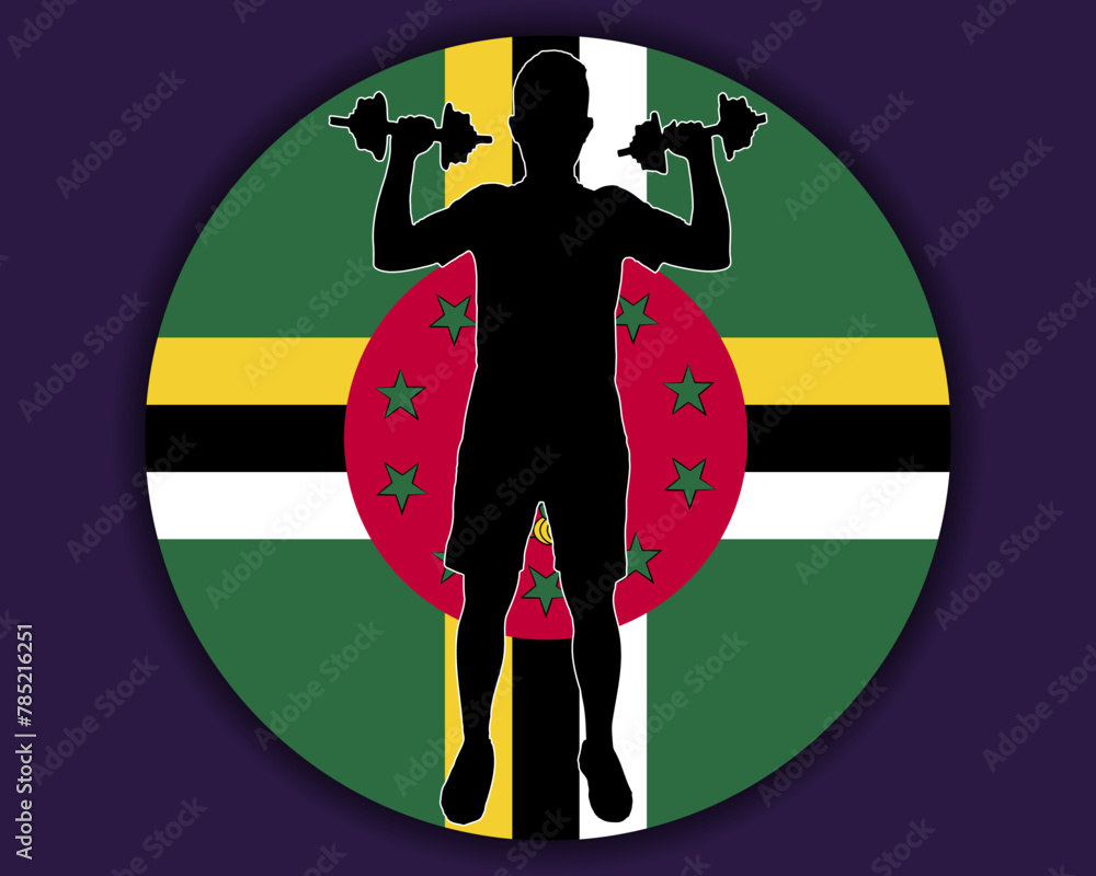 Athlete with dumbbells front of Dominica flag, bodybuilder silhouette ...