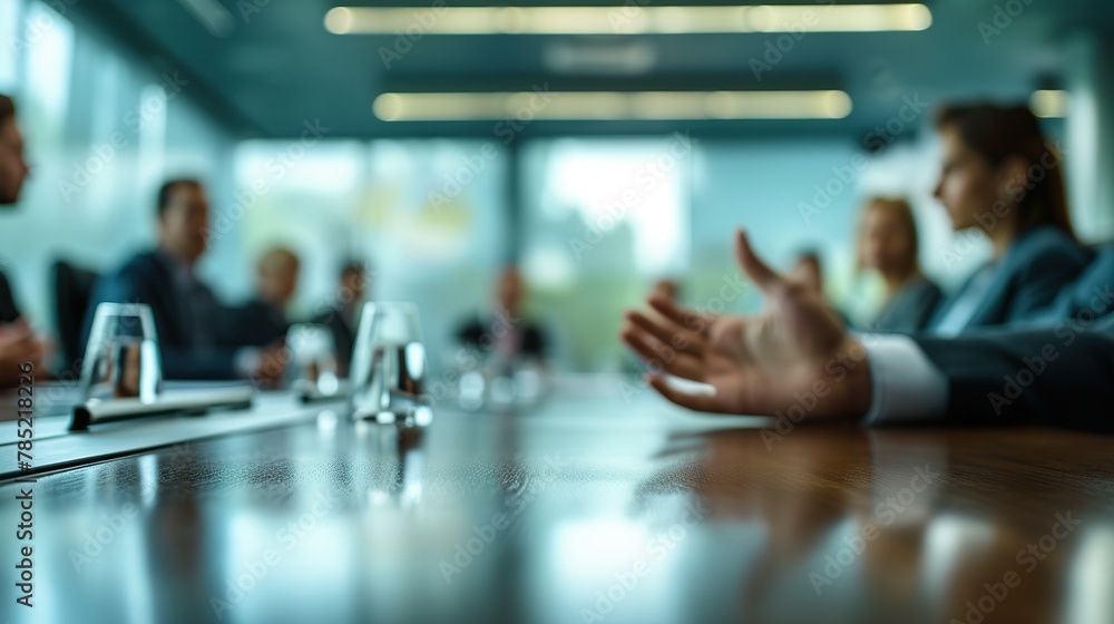 Charismatic speaker at the head of the boardroom table, using hand ...