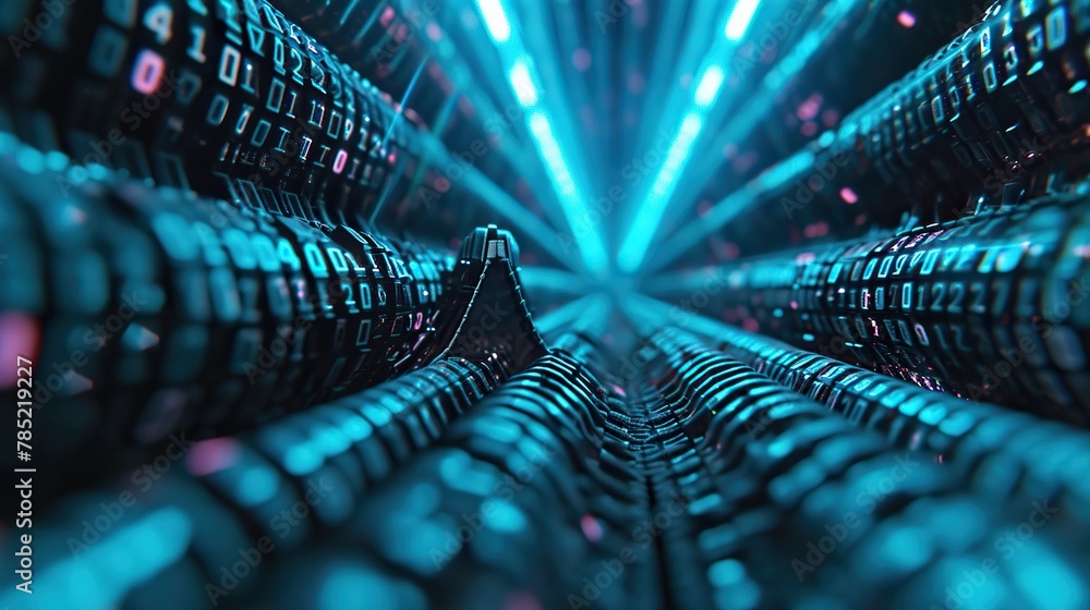 A futuristic composition featuring a zipper morphing into binary code. The image symbolizes the ...