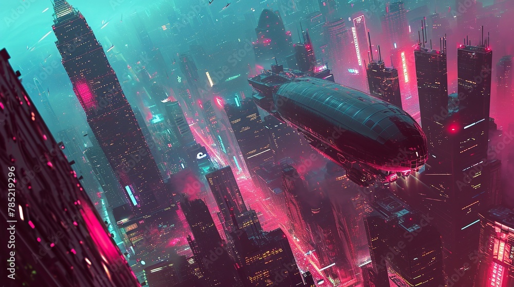 A futuristic depiction of a zeppelin in a cyberpunk cityscape ...