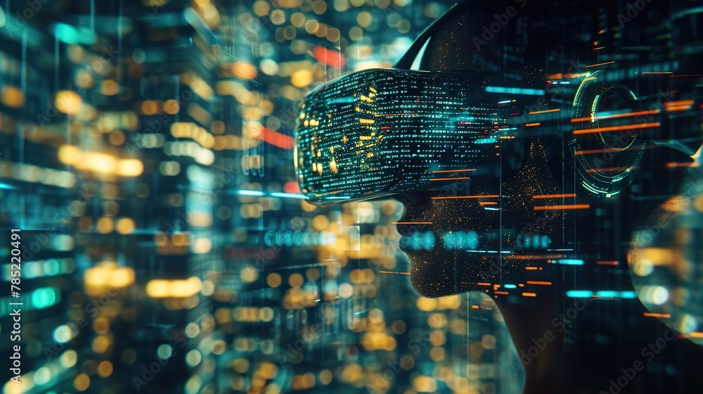 A hacker's perspective, depicted through a VR headset with lines of ...