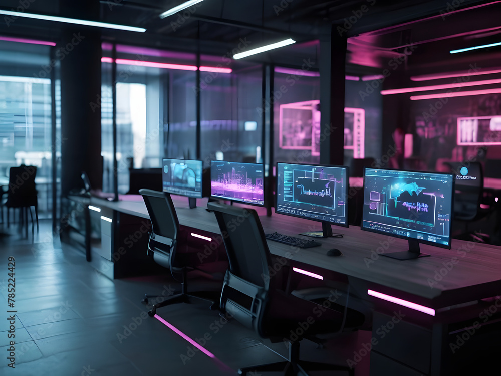 Modern neon cyberpunk open space office interior blurred with ...