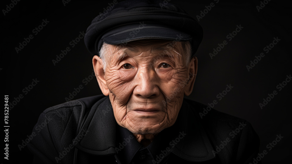 A asian man with a black hat, a black coat is staring at the camera ...