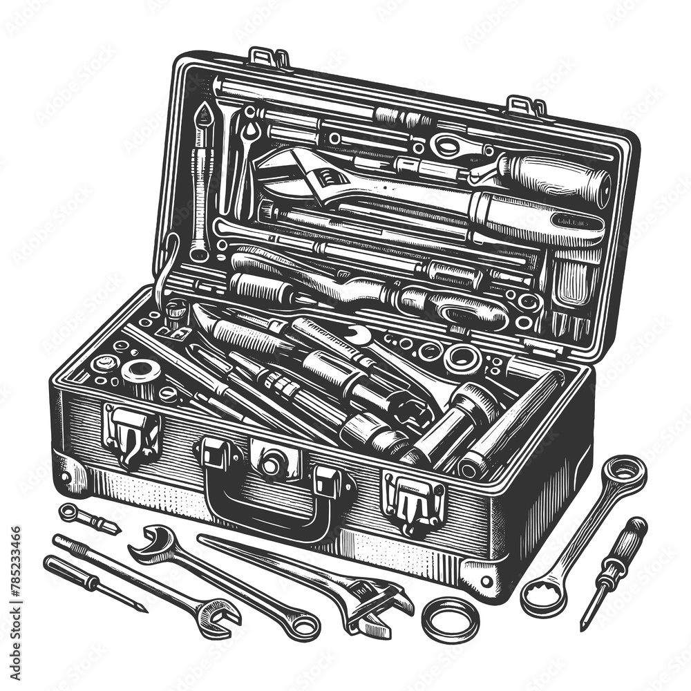 open toolbox, displaying a range of mechanical tools in a striking ...