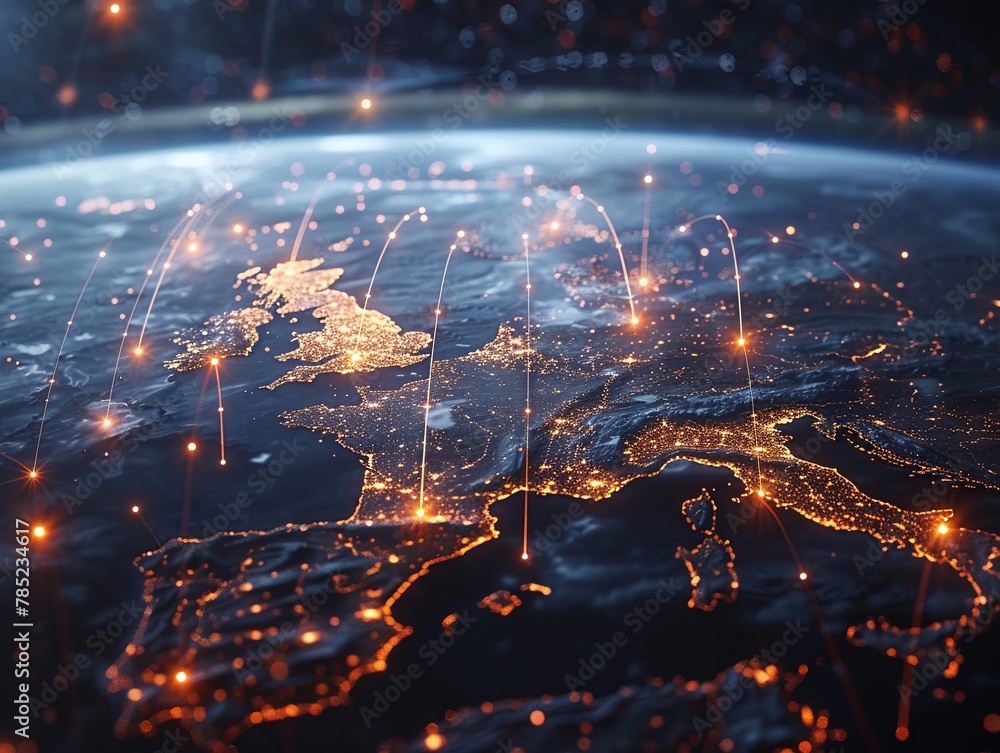 earth map with points marking the main citys and capitals with lines ...
