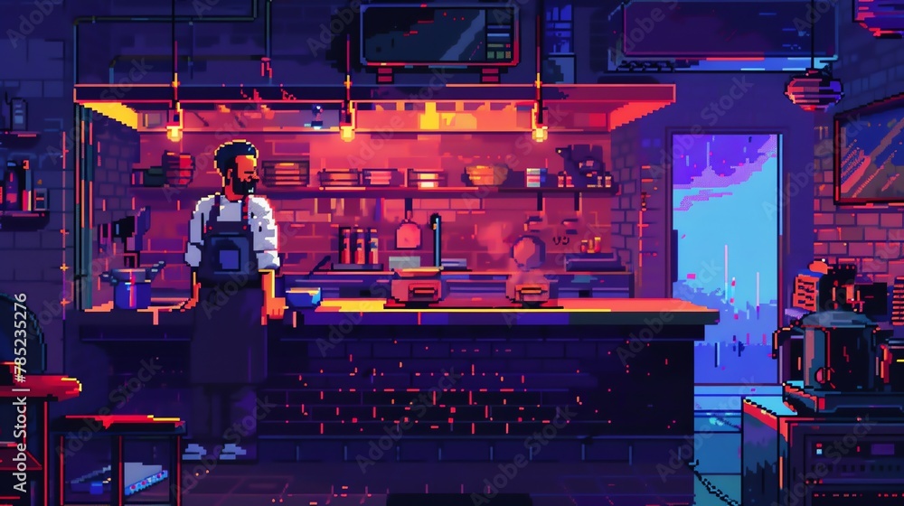 Craft a pixel art scene portraying a chefs inner psychological battle ...