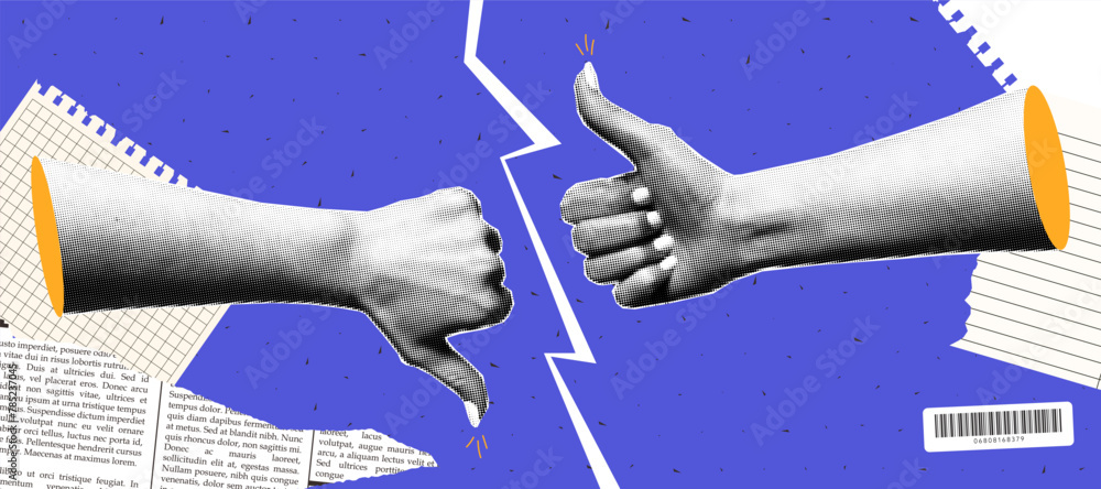 Poster Halftone collage of a hand with thumbs up and thumbs down ...