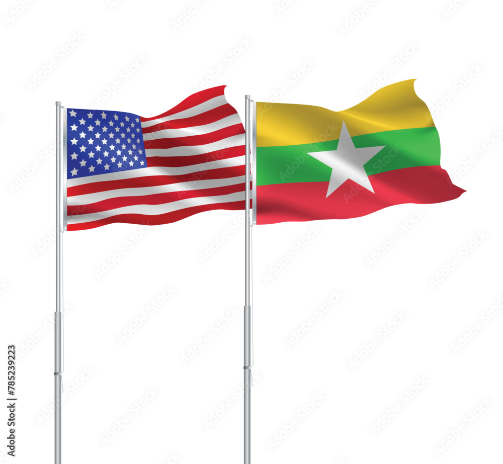 American and Myanmar flags together.USA,Myanmar flags on pole Stock ...