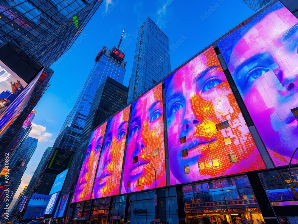 A billboard with four faces on it, each with a different color. The ...