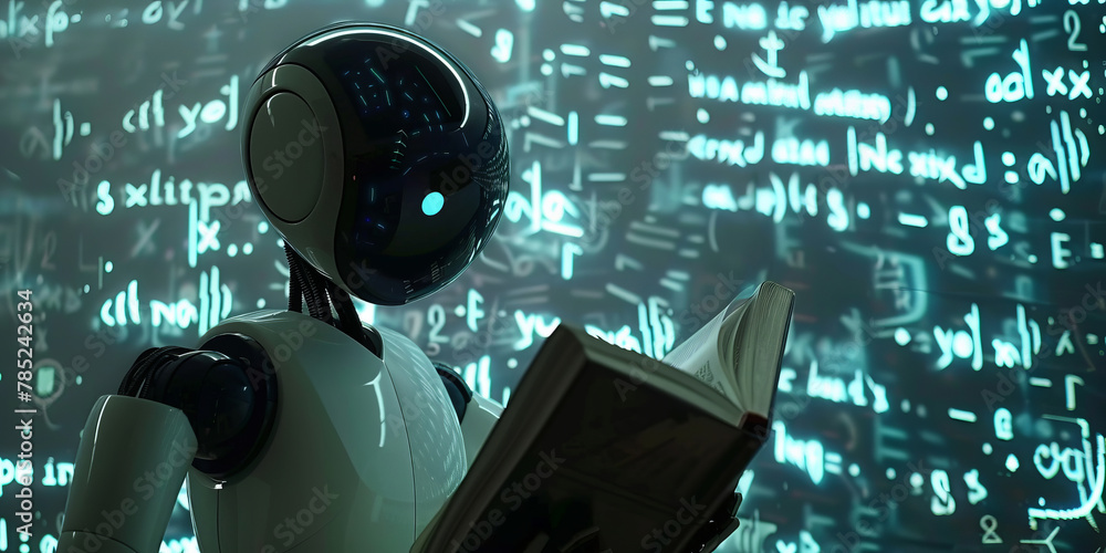 Humanoid AI robot with a book, surrounded by holographic math formulas ...