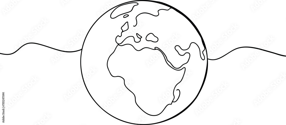 One continuous line drawing of Earth globe. World map in simple linear ...