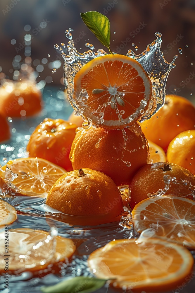 A sliced orange is dropped into a pool of orange slices and water ...