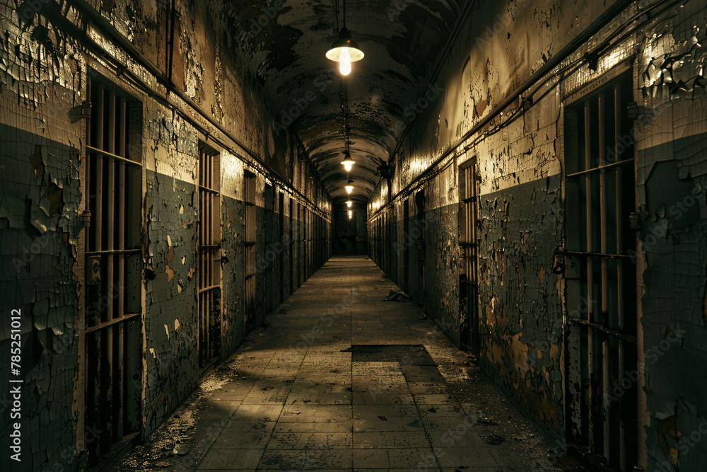 Dimly lit corridor in an abandoned prison with cell doors on sides ...