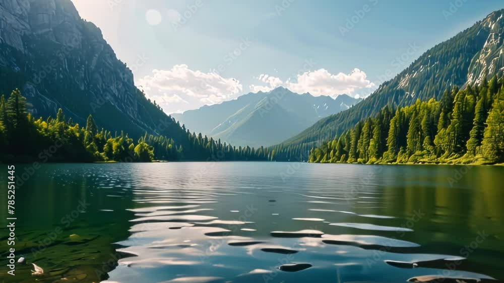 Video animation of breathtaking view of a pristine lake surrounded by ...