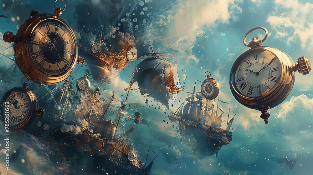 Illustrate a sailor navigating through a sea of floating clocks and ...