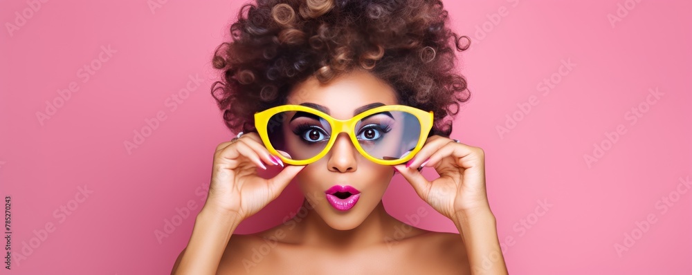 woman looking empty blank frame social media concept expression wearing ...