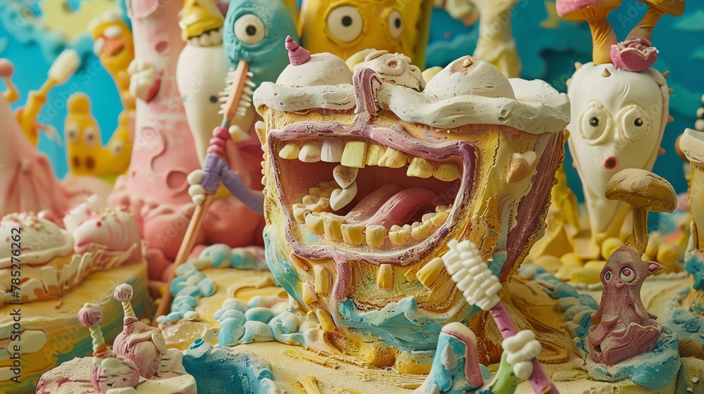 Produce a detailed clay sculpture of a giant tooth being shielded by a ...