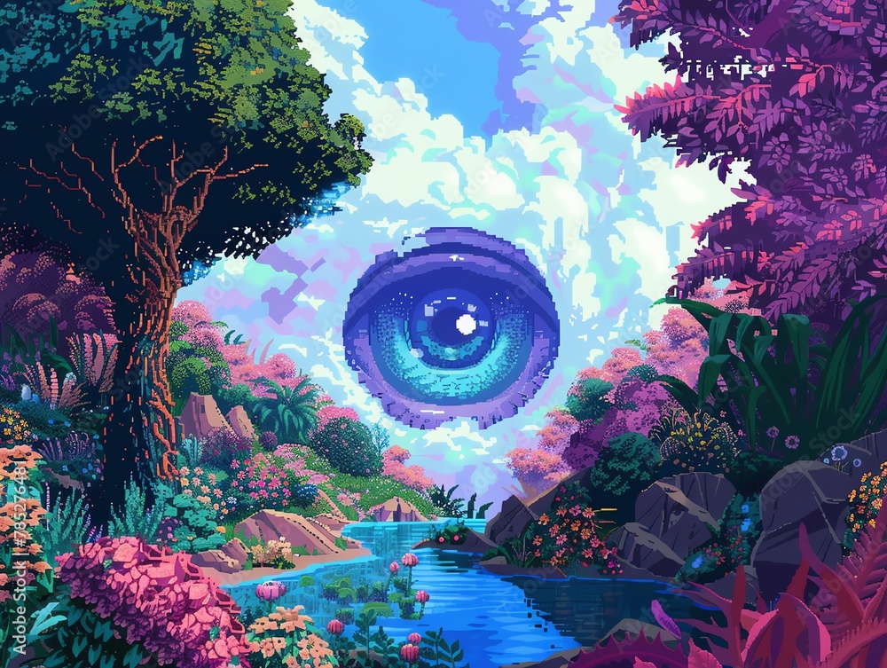 Produce a detailed digital rendering featuring a serene, nature ...