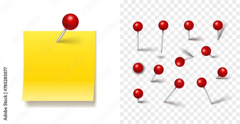 Push Pin Realistic Set. Red pins set with Metal Needle and shadow ...
