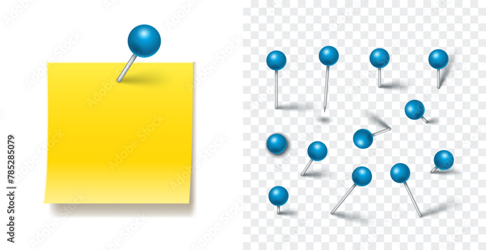 Push Pin Realistic Set. Blue pins set with Metal Needle and shadow ...