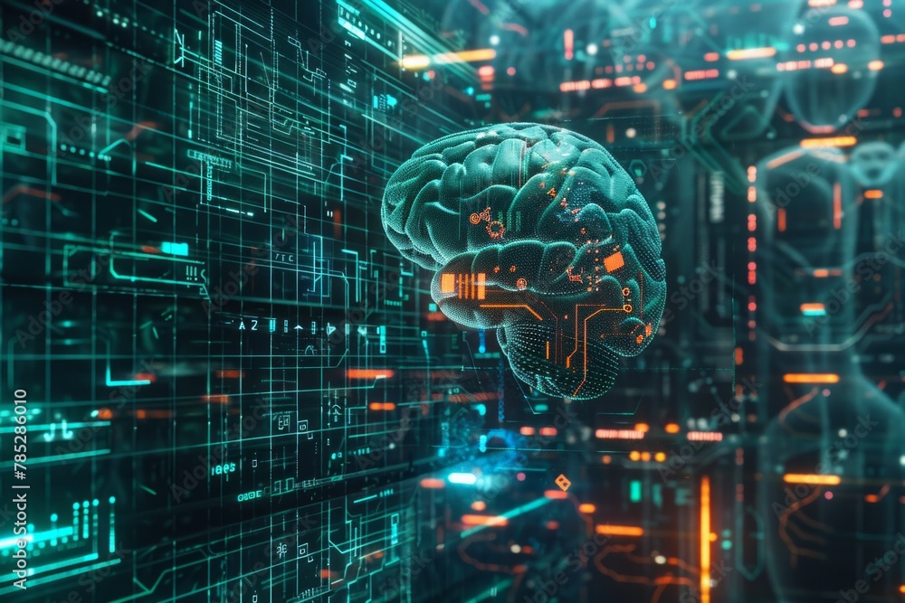 Computer screen showing a green background with a detailed image of a brain. Technological ...