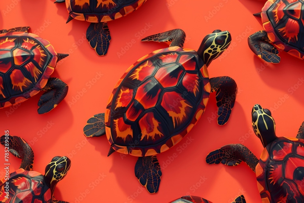 Group of vibrant red and black turtles on a bright orange background ...