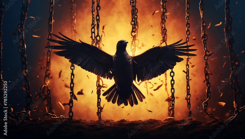 A symbolic illustration of freedom, the silhouette of a bird flying ...