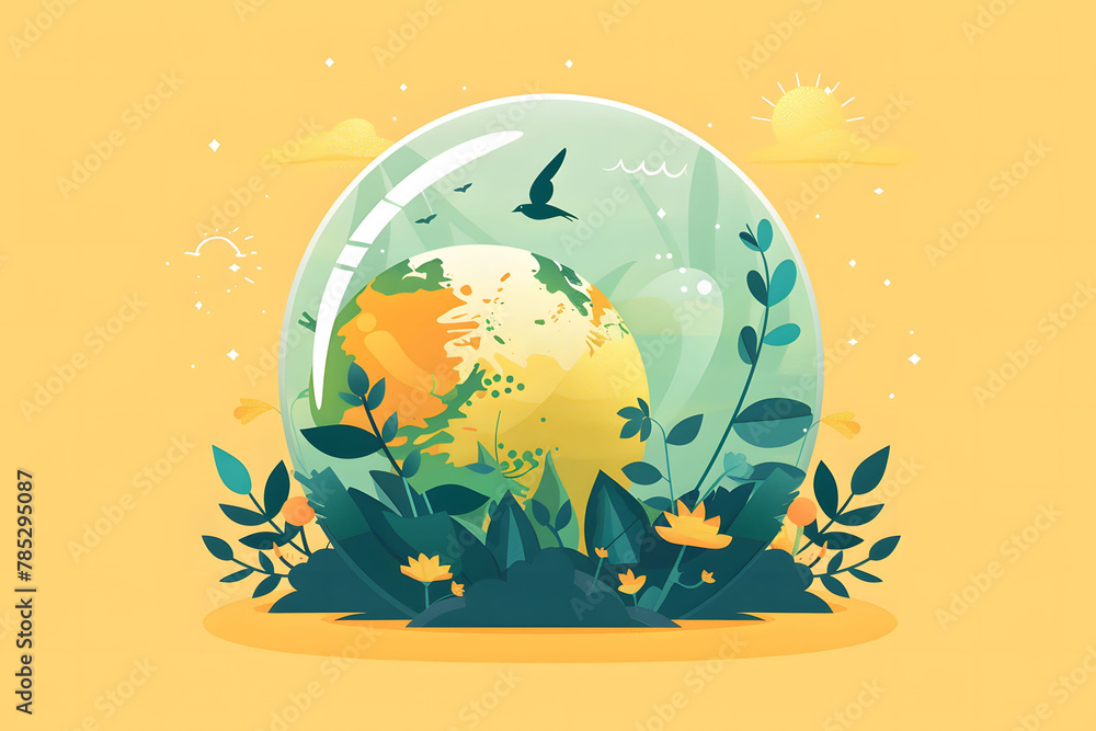 Illustration of a vibrant, enclosed ecosystem with flourishing greenery ...