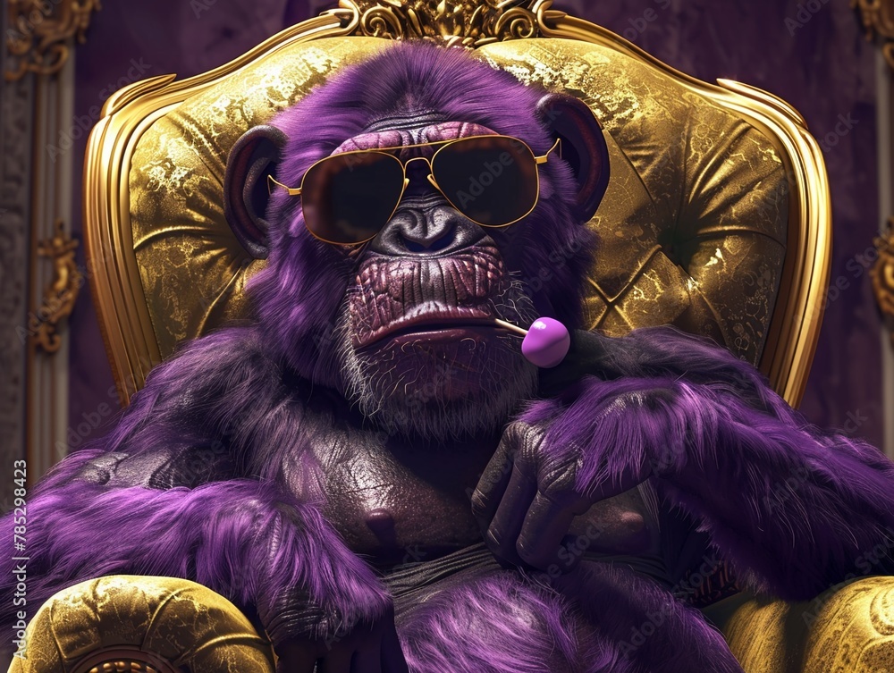 Cartoon ape, violet lolly in grasp, wearing shades, lounging on golden ...