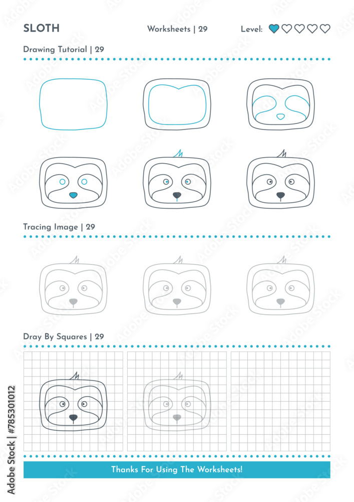 How to Draw Doodle Animal Sloth, Cartoon Character Step by Step Drawing ...
