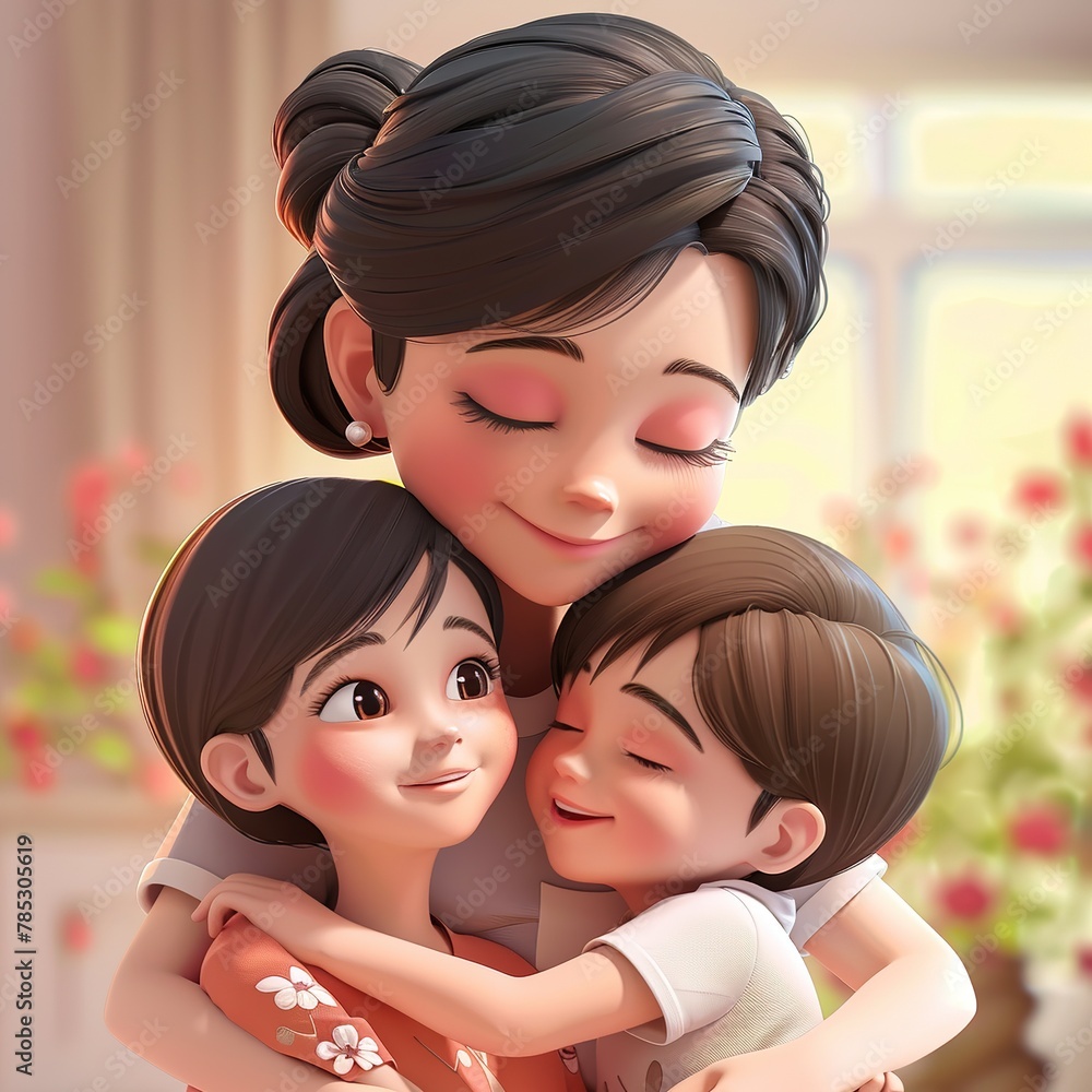 3d cartoon illustration mom hug son and daughter to celebrate mothers ...