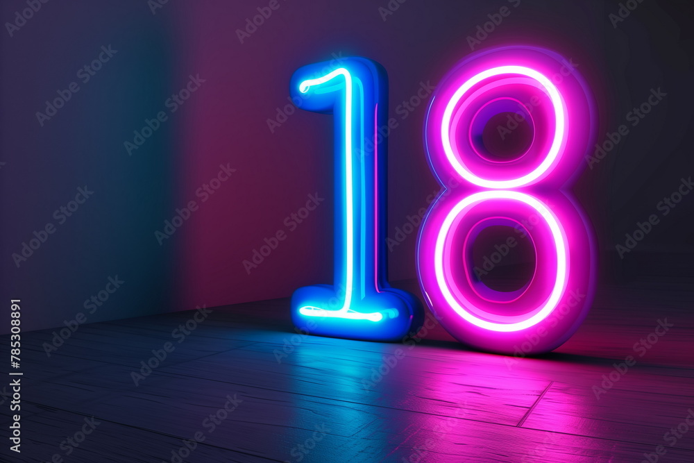 Pink and blue neon sign of number eighteen. Symbol 18 isolated on black ...