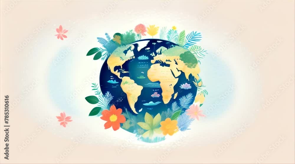 Stylized globe with flora and fauna illustrations. Digital art ...