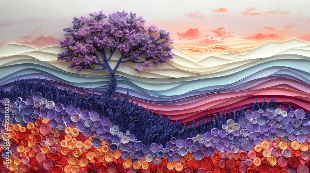 Paper landscape with a flowering tree using the quilling technique ...