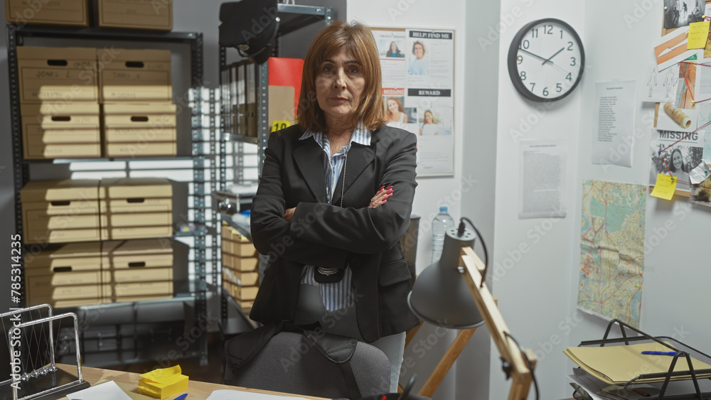 Confident middle-aged woman detective standing arms folded in office ...