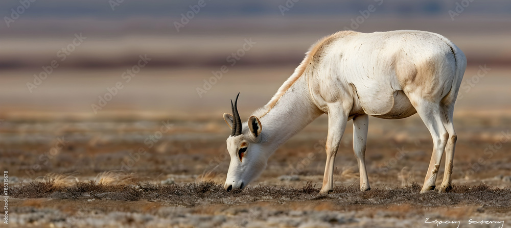 A saiga antelope grazing, photographed with a high-resolution lens to ...