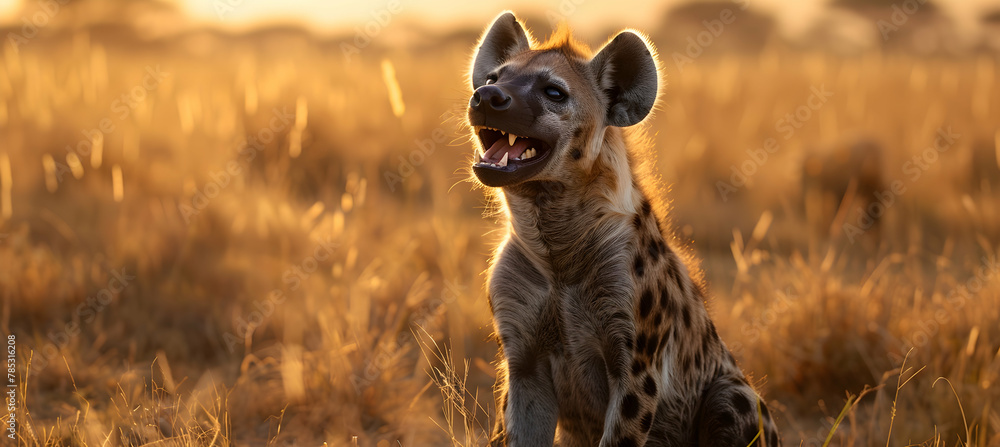 A spotted hyena laughing, photographed with a high-contrast setting to ...