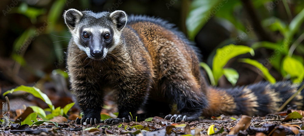 Coati: A coati foraging on the forest floor, captured with a ground ...