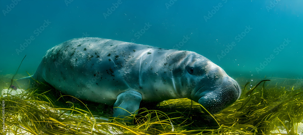 Dugong: A dugong grazing on sea grass, photographed underwater to show ...