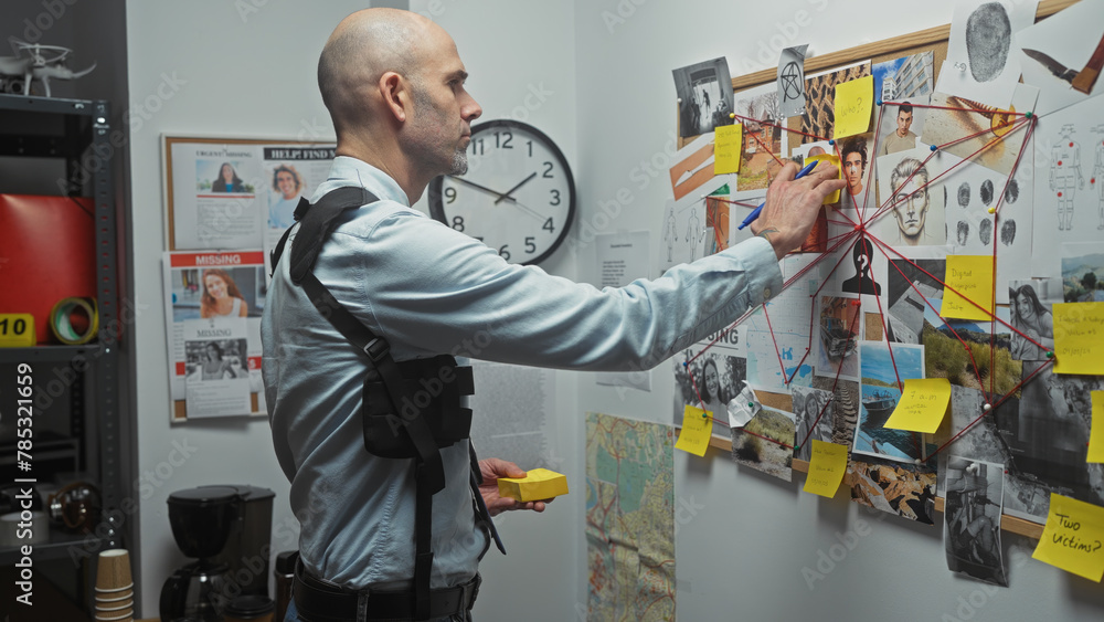 Bald detective man analyzes evidence board in a police station office ...