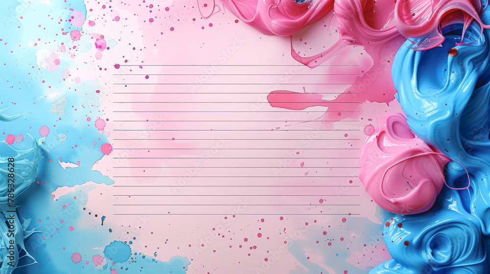 Lined sheet of paper and stains of pink and blue watercolor paints ...