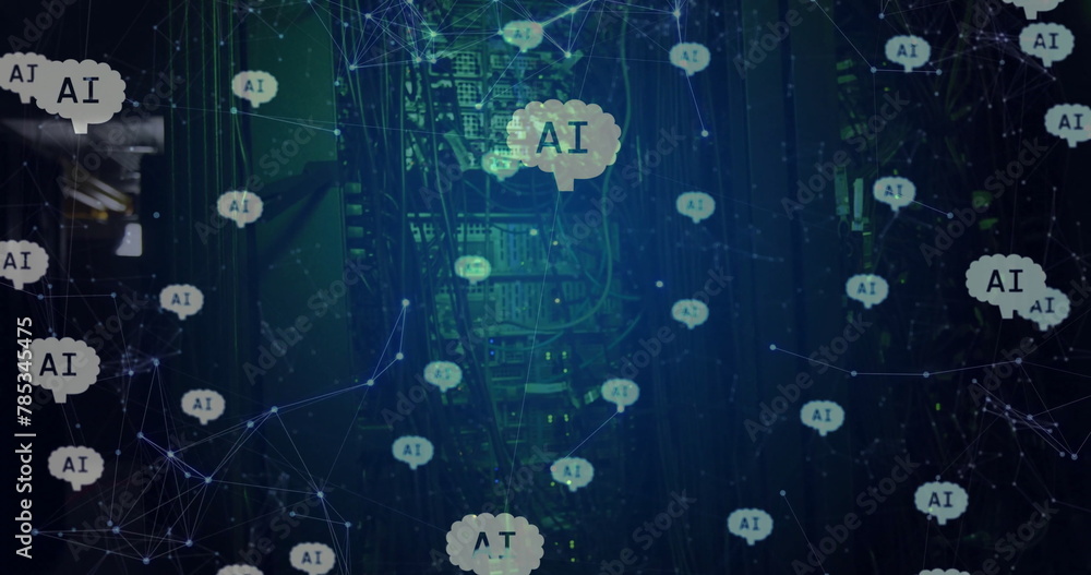 Image of ai brains over networks, data and technician working with computer in server room Stock ...