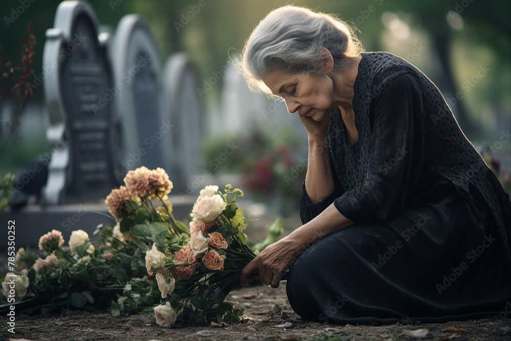 Generative AI picture of christian elderly mature woman mourning at a ...